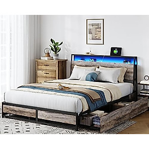 LINSY Queen Bed Frame with Ergonomic Headboard & 4 Drawers, Fast Assembly Bed Frame with LED Lights & Fast Charger, Bed Frame Queen Size with Storage, Noise Free, No Box Spring Needed, Greige