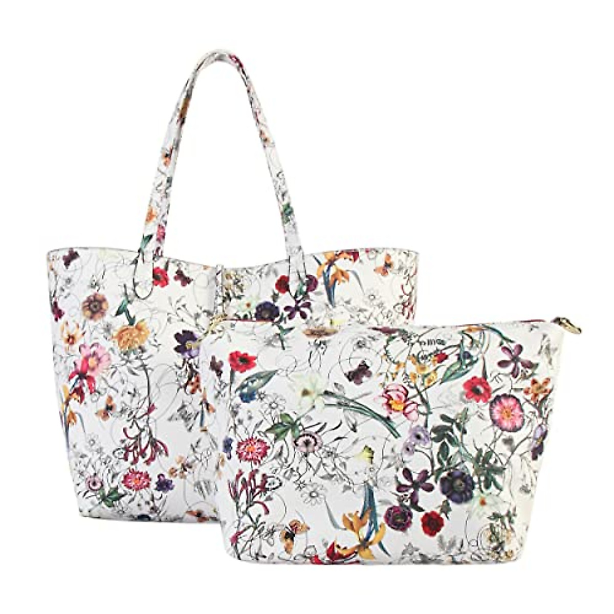 DIOPHY PU Leather Colorful Floral Pattern Two Tone Reversible Large Tote Womens Purse Handbag with Matching Crossbody Bag 2 Pieces Set FL-6000 FL-6001 (White exterior-Red interior)