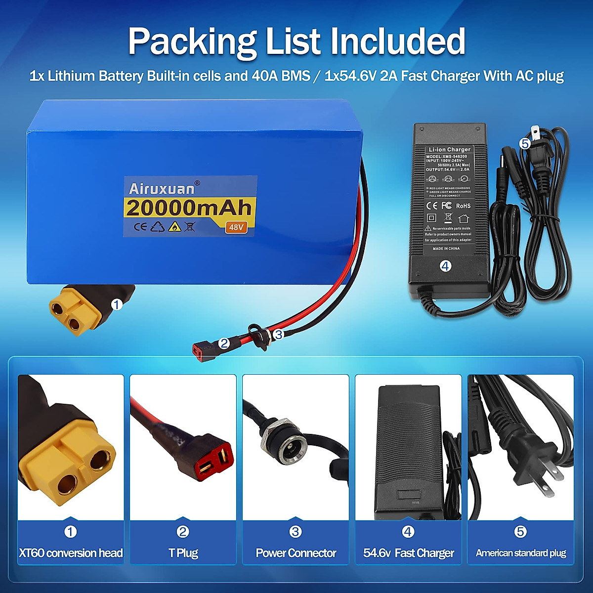 Airuxuan 48V Battery 48V Ebike Battery 20Ah Electric Bike Battery 48V Lithium Battery with 2A Charger, T-Plug, XT60 Connector and BMS for 250-1000W Electric Bicycles Motor/Ebike Kit