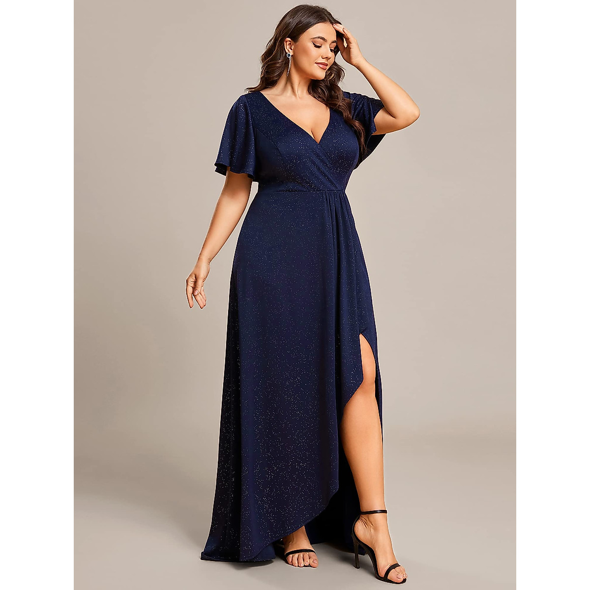 Ever-Pretty Plus Women's Plus Size Glitter A-Line Ruffle High-Low Summer Cocktail Dress with Sleeves Navy Blue US16
