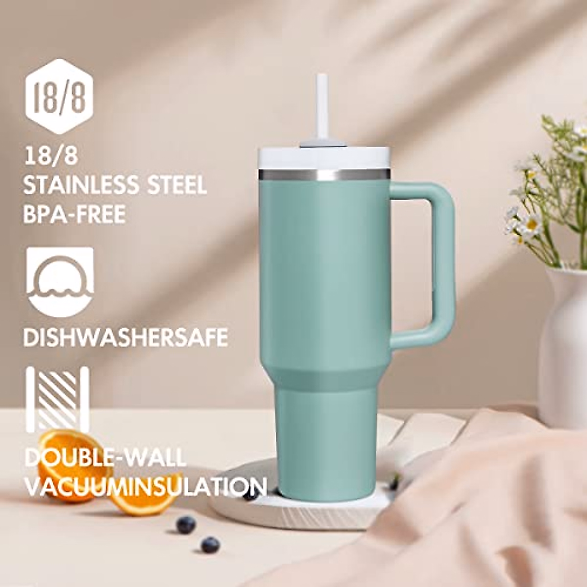 ANNA QUEEN 40 oz Tumbler With Handle and Straw Lid,Quencher H2.0 Vacuum Stainless Steel Insulated Tumblers,Insulated Cup,Travel Mug Iced Coffee Cup,Heat,Travel Mug for Hot and Cold Beverages