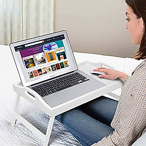 Breakfast Tray Table with Folding Legs Serving Tray Bamboo Dinner Trays for Platter Laptop Desk Bed Table Kitchen Serving Tray Snack Trays Large Size (White Large)