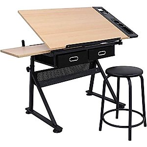 Smartxchoices Drafting Table Drawing Desk Reclining Tiltable Tabletop Bundle Set with Stool and 2 Storage Drawers Art Writing Reading Workstation for Office and Home