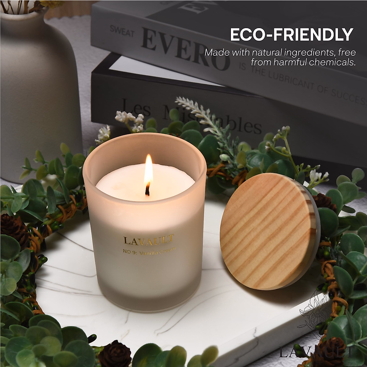 Lavault Strong Scented Candles with Wood lid- Naturally Scented Candles for Bathroom and Home Decor- Relaxing Long Lasting Candles Scented Made with Soy Wax and Essential Oils - Vanilla Cream