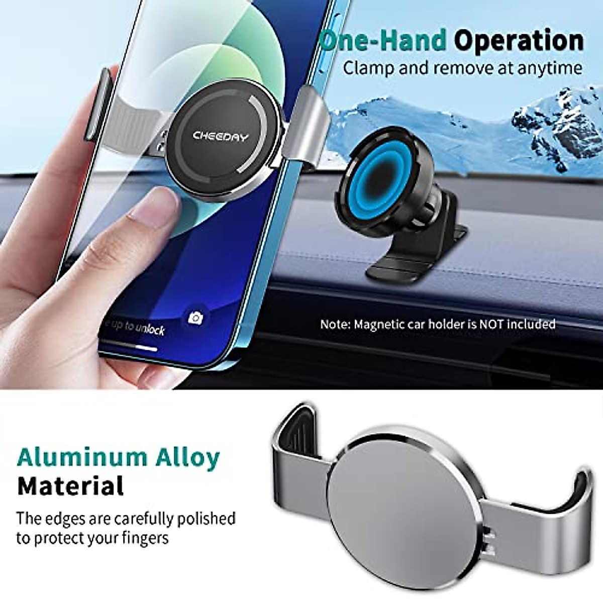 Luanke Metal Phone Clamp Magnetic Mount [Clip and Remove at Anytime] All Magnet Car Holder cell phone magnetic plate Compatible iPhone 13 Pro Max, Samsung, and More (Silver)