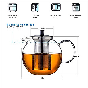 1500m Glass Teapot with Removable Stainless Infuser(52oz), Ehugos Stovetop Safe Large Tea Pot, Hand Crafted Kettle for Women and Adult, for Loose Leaf Tea, Hot and Iced Water, Juice Beverage
