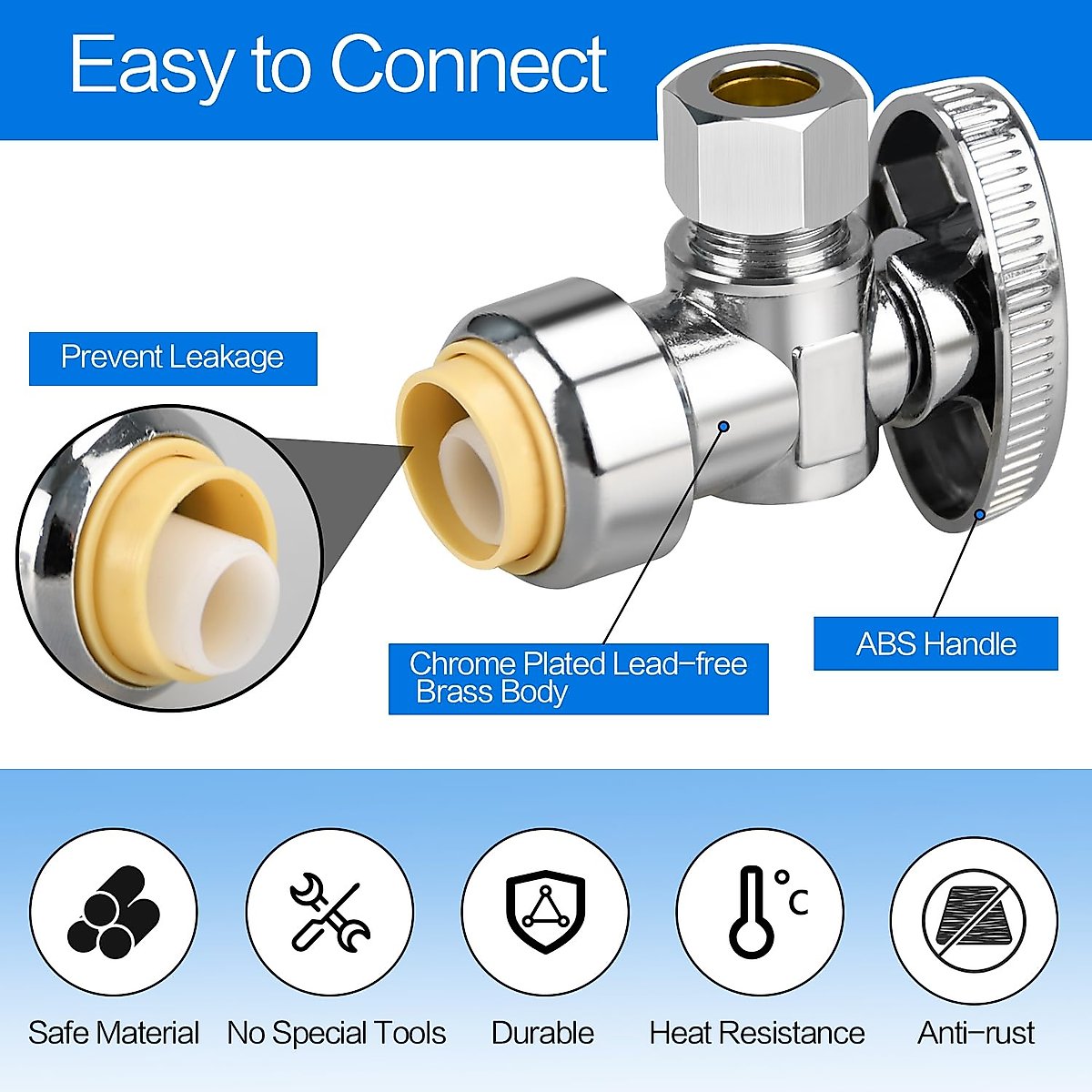 1/2/5/10/20pcs Stop Valves, 1/2" × 3/8" Angle Stop Valve, 1/2" PTC Input, 3/8" OD Compression Output, Push to Connect, 1/4 Turn, Chrome Plated Brass for Faucet, Toilet Valves, No Lead (2pcs Angle)