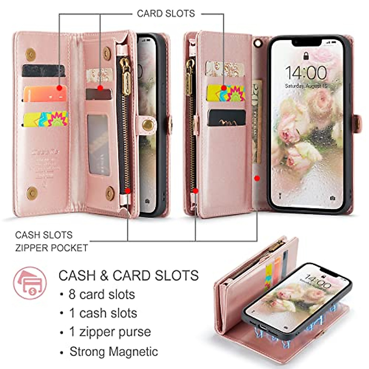 CASEME for iPhone 14 Pro Max Case Wallet Case Cover for Women Men Durable 2 in 1 Detachable Premium Leather with 8 Card Holder Slot Magnetic Zipper Pouch Flip Lanyard Strap Wristlet 6.7 Inch Rose Gold