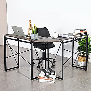 Geniqua 3-Piece L-Shaped Wooden Computer Folding Table Corner Desk Space-Saving Industrial Style PC Laptop Desk for Workstation Home Office