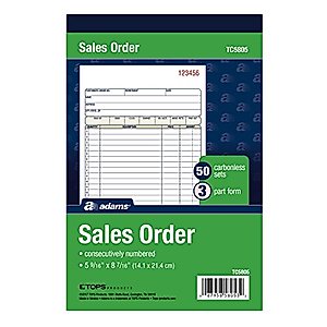 Adams Sales Order Book, 3-Part Carbonless, White/Canary/Pink, 5-9/16" x 8-7/16", 50 Sets (TC5805)