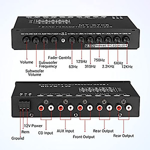 Facmogu 7-Band Car Audio Equalizer, Adjustable 7 Bands EQ Car Amplifier Graphic Equalizer with CD/AUX Input Select Switch, Front/Rear + Sub Output, for Boat RV RTV Motorcycle Car Stereo Tone Control