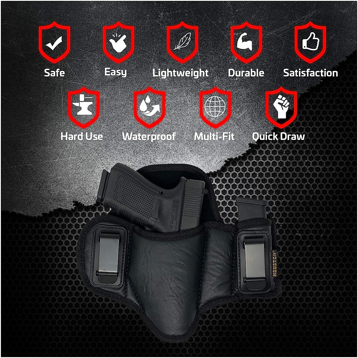 Tactical Pancake Gun Holster Houston - ECO Leather Concealed Carry Soft Material | Suede Interior for Protection | IWB | with Magazine Pouch | Fit: Glock 19 17 20 21 22 23 | Beretta 92 FS, PX4, XDM