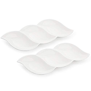 MyGift Set of 2 White Ceramic Relish Tray Appetizer Serving Platter with Wave Design, Divided Snack Tray, Charcuterie, Food, Dessert Platters, 13.5 x 6.5 Inch