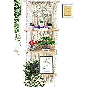 Induslyfe Macrame Wall Hanging Shelf Tier 3 Boho Hanging Wall Decor Boho Shelf Wall Decor Plant Rack Shelf, Boho Bookshelf Wall White Hanging Shelf Woven Rope for Boho Bathroom decor Bedroom Bookshelf