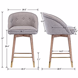 Guyou 360 Degree Swivel Counter Height Bar Stools with Tufted Back Set of 4, Mid-Century Modern Fabric Kitchen Island Chair Stools with Wood Legs and Gold Footrest for Home Bar Dining Room(Grey)
