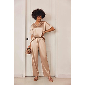 Ekouaer Satin Pajama Set Womens Silk Short Sleeve V Neck Shirt with Long Pant Soft Loungewear Pjs Set Khaki