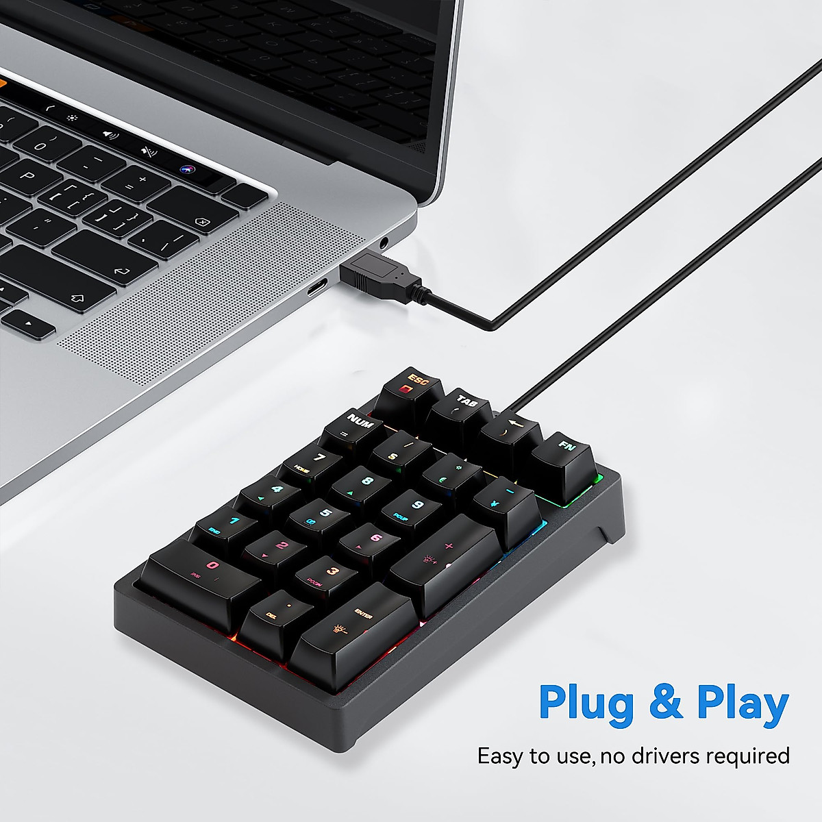 JPHTEK Number Pad, Mechanical USB Wired Numeric Keypad with Blue LED Backlit 21 Key Mini Numpad for Laptop Desktop Computer PC Black