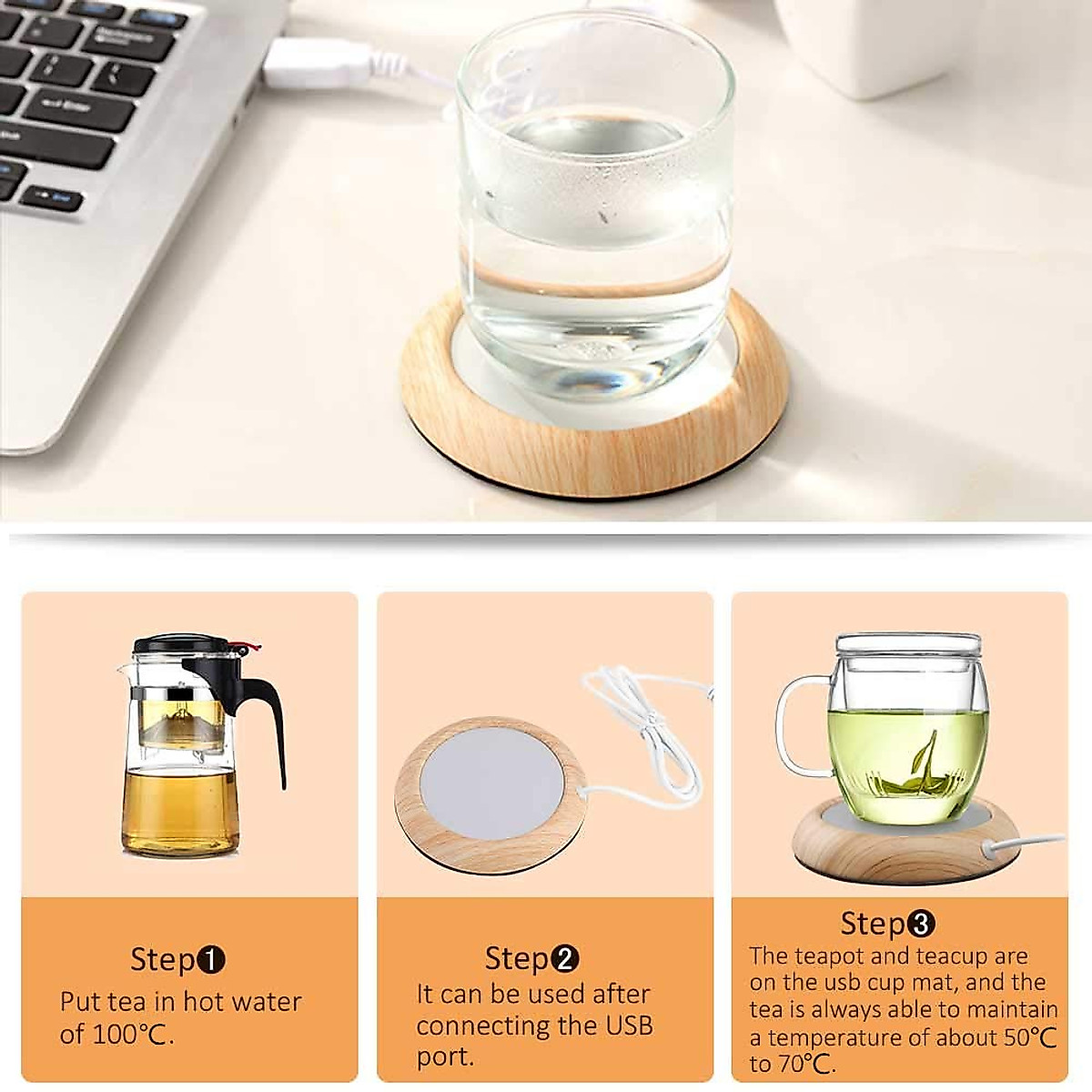 Creative USB Wood Insulation Grain Cup Heat Beverage Mug Mat Warmer Office Tea Milk Coffee Felt Heater Pad Coaster(Bright Wooden Grain)