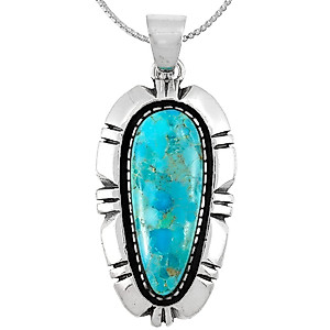 Turquoise Pendant Necklace 20" Sterling Silver 925 Genuine Gemstones (Turquoise)
