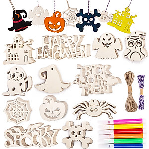 Shindel Halloween Wood Ornaments, 72PCS Unfinished Wood Cutouts Blank Wood Ornaments for Halloween Hanging Decorations Gifts