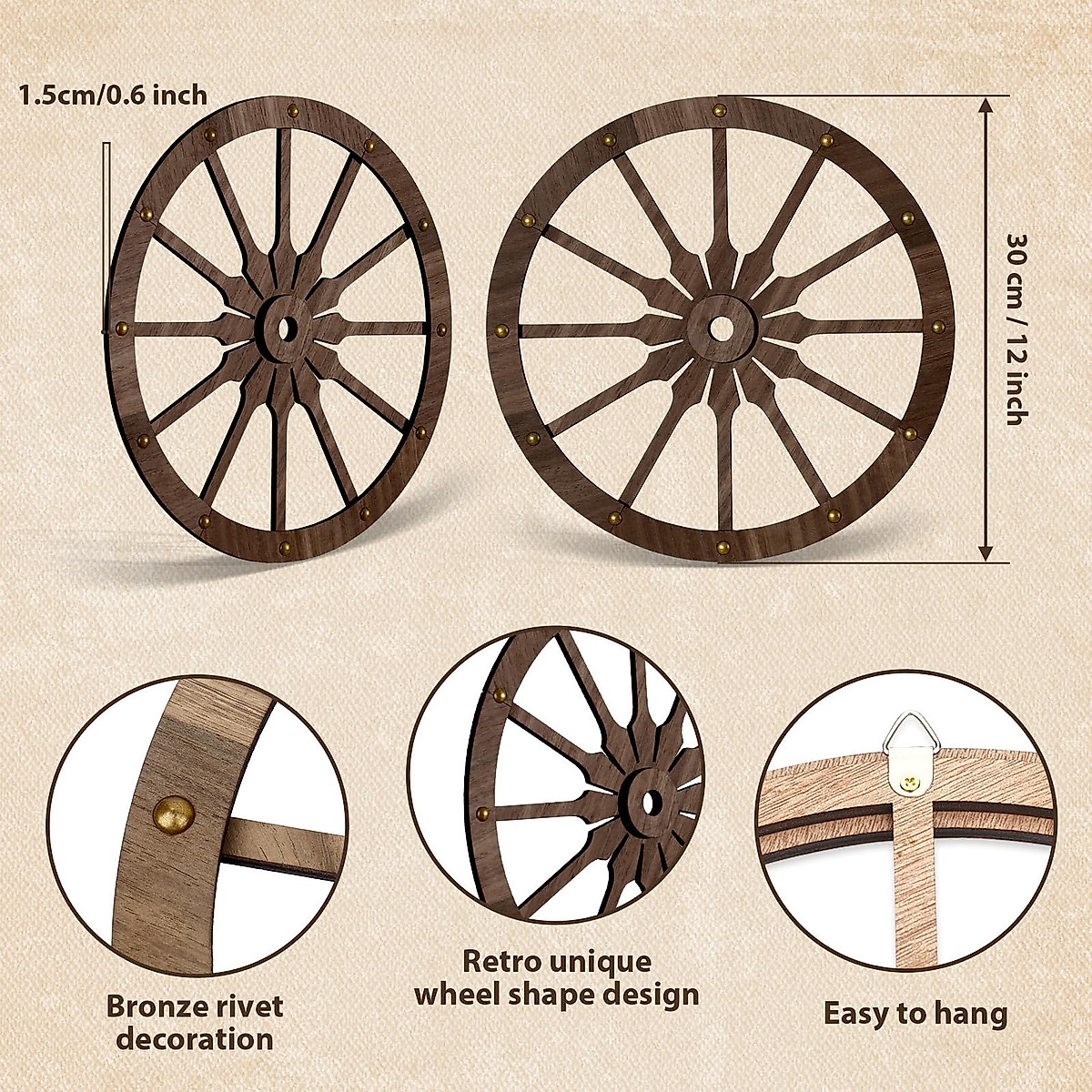 2 Pcs 12 in Farmhouse Rustic Wagon Wheel Wooden Decoration Western Cowboy Style Home Decorations with Metal Hooks 3D Structure Style (Brown 3D)