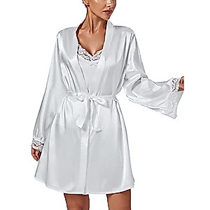 LYANER Women's 3pcs Sleepwear Silk Satin V Neck Lace Trim Cami Top and Shorts Pajama Set with Robe White Small