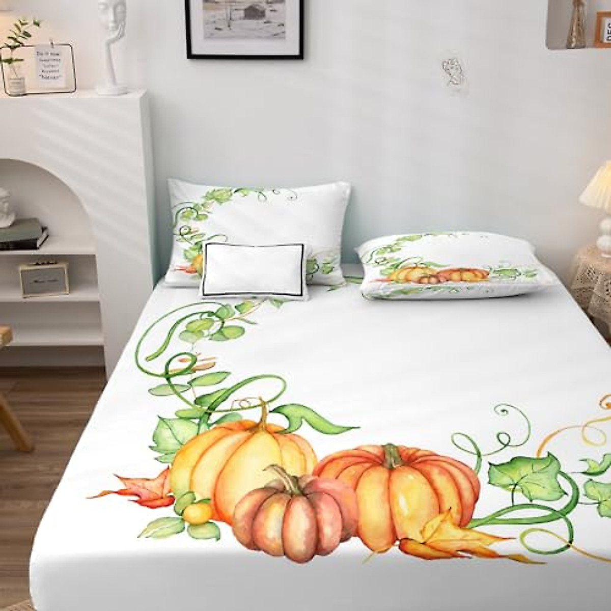 Full Size Sheet Sets - Thanksgiving Bed Sheets, Pumpkin Bedding Sheets & Pillowcases, Soft Microfiber & Deep Pocket & Wrinkle Free Patterned Sheet Set, 1 Fitted Sheet, 1 Flat Sheet, 2 Pillow Cases