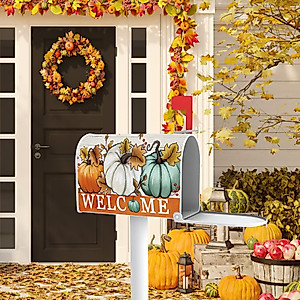 FBCOO Welcome Fall White Teal Pumpkin Mailbox Cover Magnetic Standard Size 20.5" x 18", Autumn Seasonal Decorative Post Letter Box Decor, Thanksgiving Farmhouse Rustic Garden Yard Outdoor Decoration