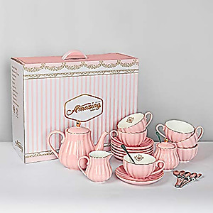 Amazingware Porcelain Tea Set - Tea Cup and Saucer Set Service for 6, with 28 oz Teapot Sugar Bowl Cream Pitcher Teaspoons and Tea Strainer - for Thanksgiving - Pumpkin Fluted Shape, Pink