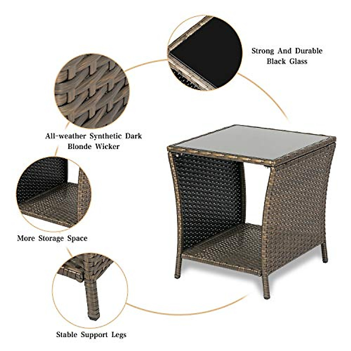 KINTNESS Wicker Rattan Side Table Outdoor End Table Patio Courtyard Coffee Bistro Glass Table with Storage