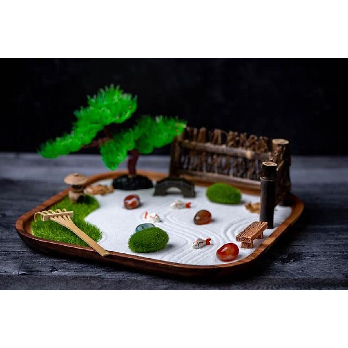 COCORO DIY Desktop Zen Garden for Desk and Office Accessories Includes Zen Garden Sand, Rocks, Rake, Moss Stones, Fishes, Lantern, Bridge, Bench, Baby Pine Tree, Pine Tree, and Turtle