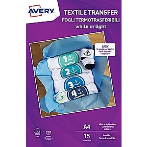 Avery UK Textile Transfer Paper for Light Cottons, Laser Printers,1 Printable Fabric Transfer per A4 Sheet, 15 Sheets per Pack, White MD1004.UK