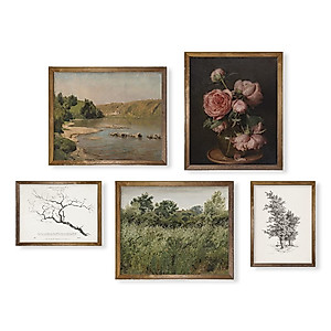 Vintage Farmhouse Botanical Wall Decor | Landscape Neutral Floral Wall Art for Boho French Country Kitchen Bathroom Bedroom Picture Poster Print I Flower Room Decor Aesthetic Cottagecore Plant 5 Set