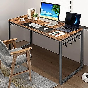 Zanzio Computer Desk with 8 Storage Hooks, 51.1 Inches Simple Style Home Office Desk Writing Study Table with Stable Metal Frame, Easy Assembly, Vintage Brown