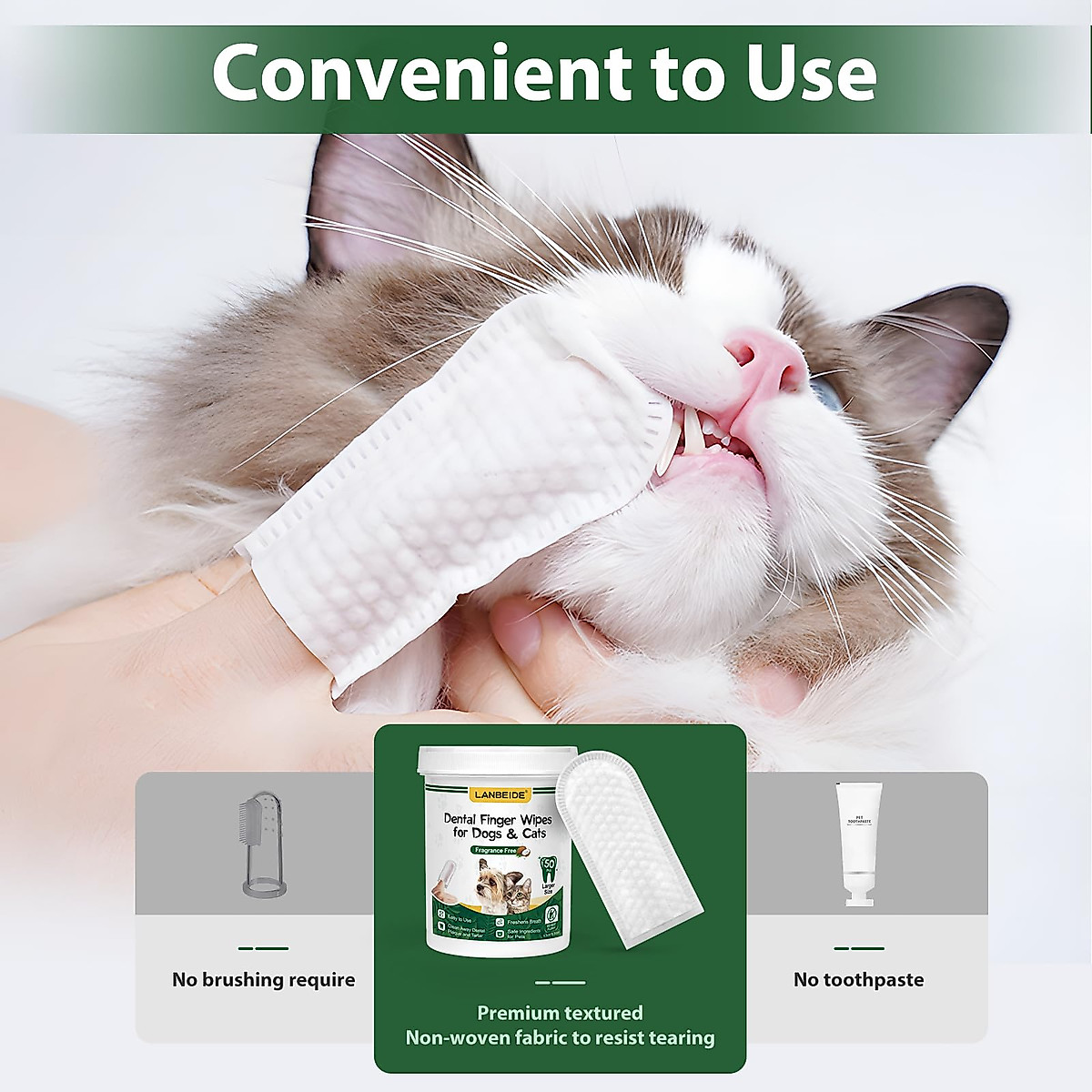 LANBEIDE Updated Larger Pet Teeth Cleaning Wipes for Dogs & Cats, Dog Dental Wipes No-Rinse Dog Finger Toothbrush for Reducing Plaque & Tartar, Breath Freshener Dental and Gum Care Pet Wipes 50 Counts