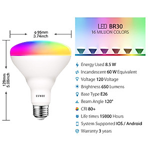 LVWIT Wi-Fi Smart Light Bulb Alexa, BR30 Smart LED, Work with Google Assistant, Smart Life App, Tuya App, 60W Equivalent, RGB Color Changing Light Bulbs (8.5W), No Hub Required, 2-Pack