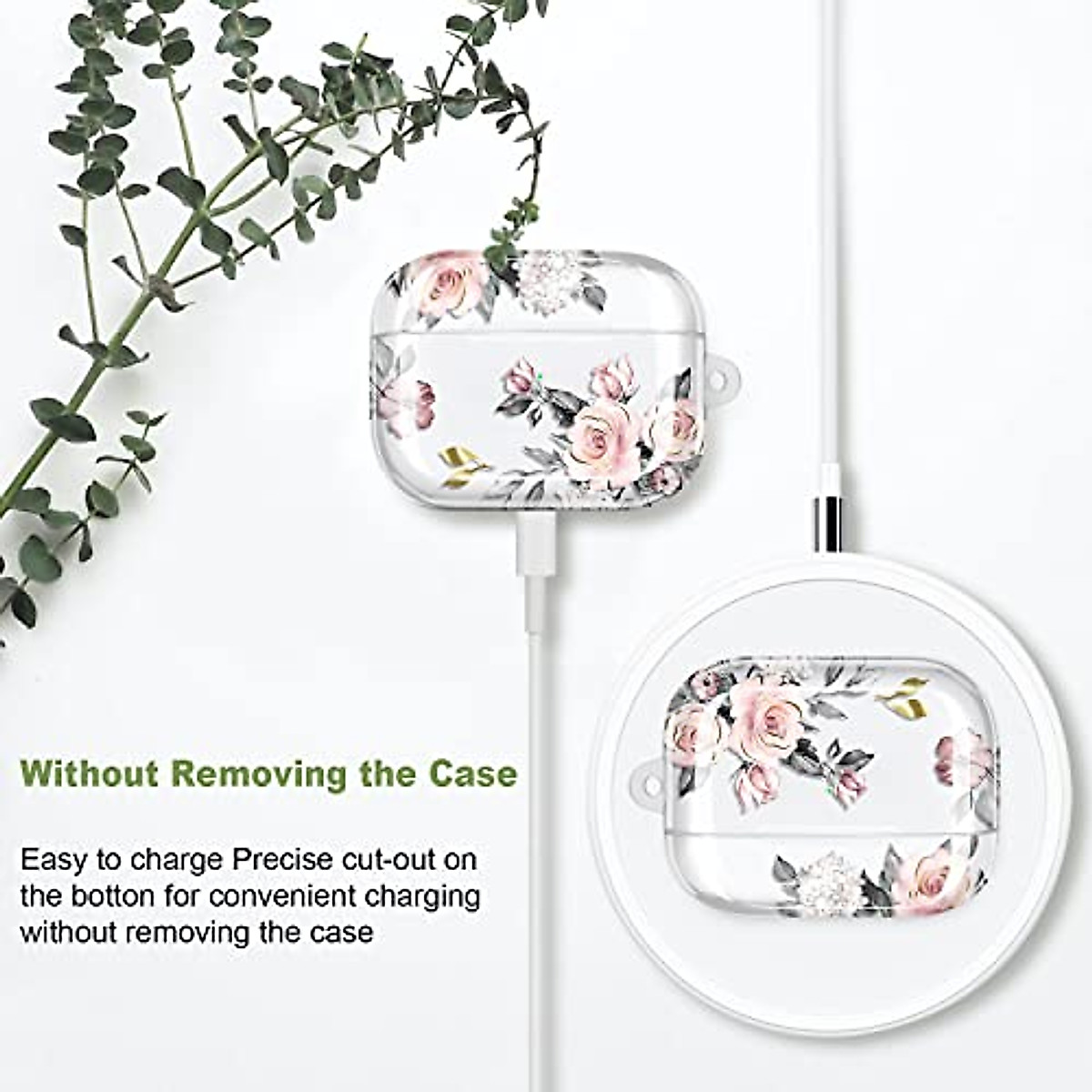 RXKEJI Compatible AirPods Pro Case Cover, Rose Flower Clear Case Cute Protective Soft Shockproof Cover with Keychain for Women Girls Compatible with AirPods Pro Wireless Charging Case - Pink