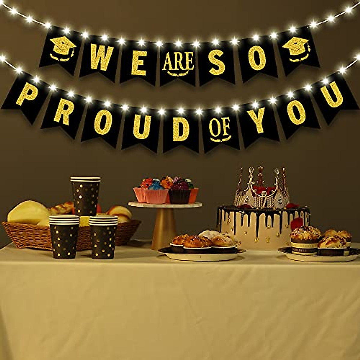 2023 Graduation Decoration, We are So Proud of You Banner with LED String Light 8 Modes, Lighting Hanging Garland Bunting Flags Sign or Grad Party