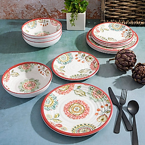 Gibson Home Mauna Melamine Plastic Dinnerware Set, Service for 4 (12pcs), Brick Floral