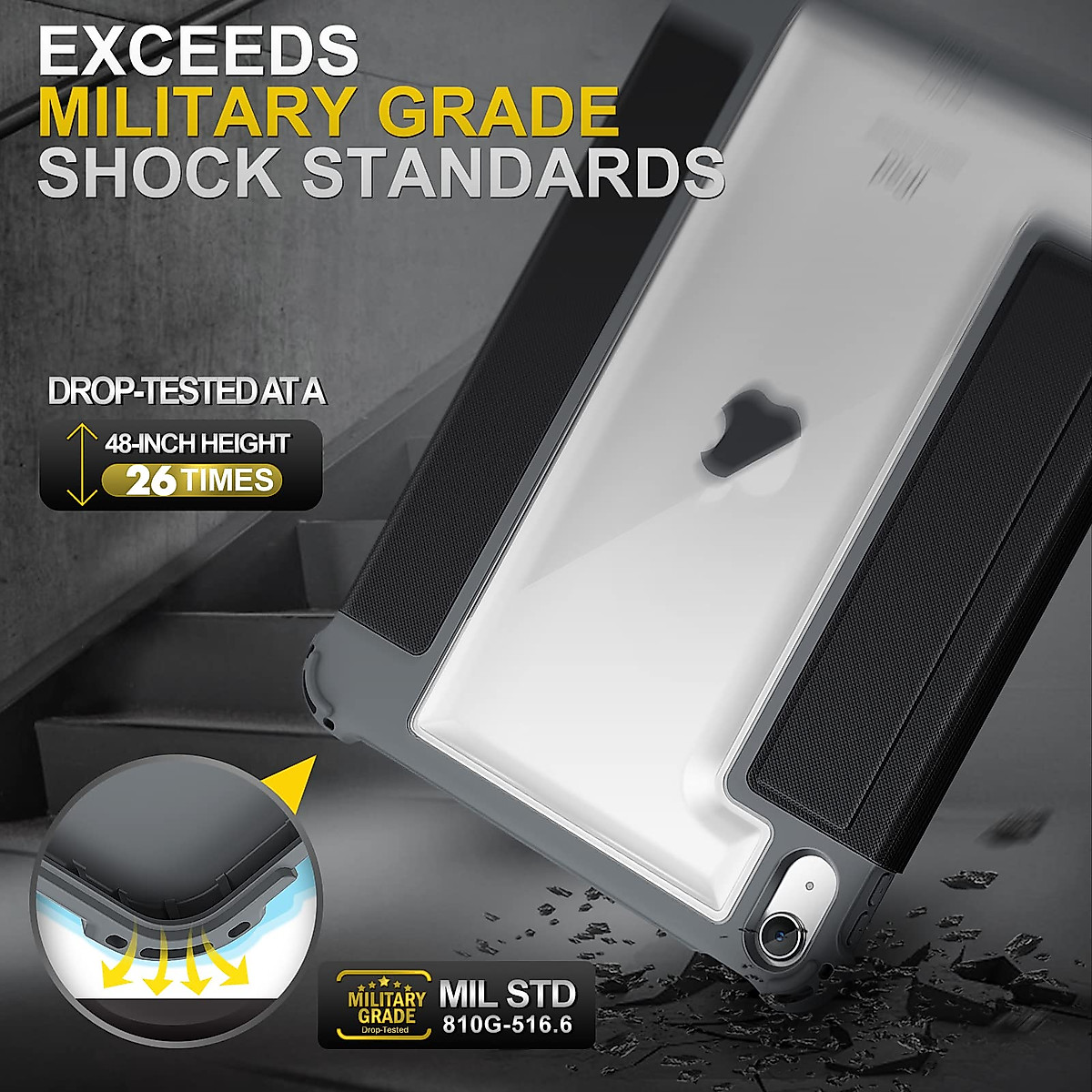 Fintie Hybrid Rugged Case for iPad Air 11-inch M2 (2024), iPad Air 5th / 4th Generation (2022/2020) 10.9 Inch - Military Drop Tested Heavy Duty Clear Cover with Pencil Holder, Black