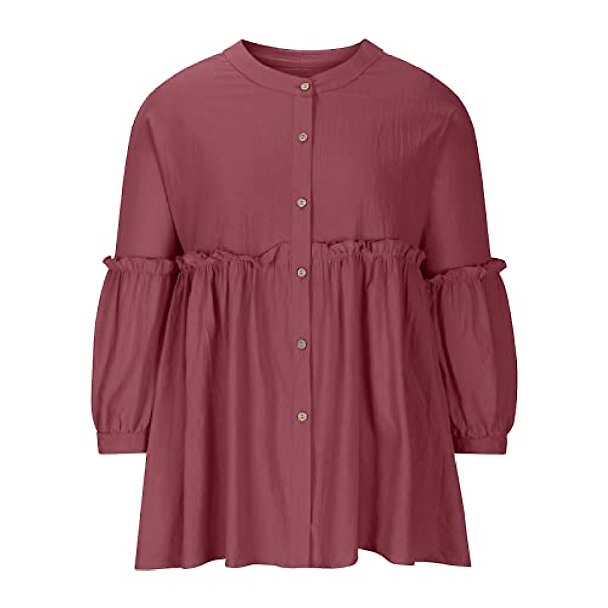 Women's Cotton Linen Shirt 3/4 Sleeve Button Down Blouse Solid Color Smocked Tunic Tops Plus Size Loose Fit T-Shirt Red