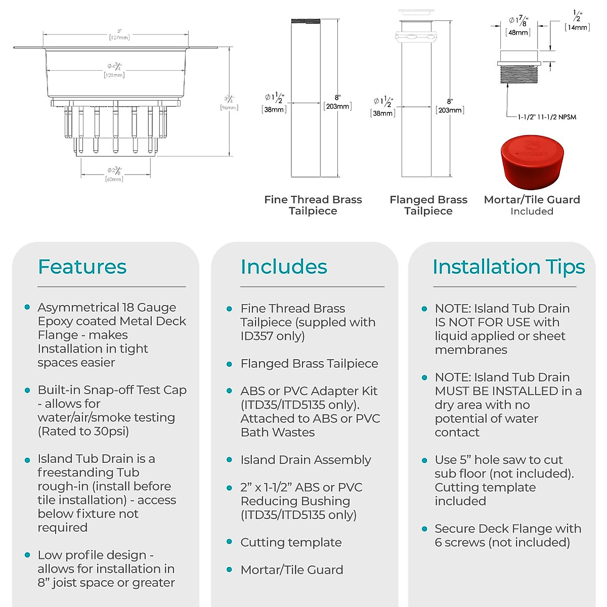 OS&B ID357 Cast Iron Island Tub Drain Rough-in for Freestanding Bathtub, Simplifies Installation, Water, Air, and Smoke Testable Tub Drain, Designed for 8"/10" Joist Space, Plumbing Supplies