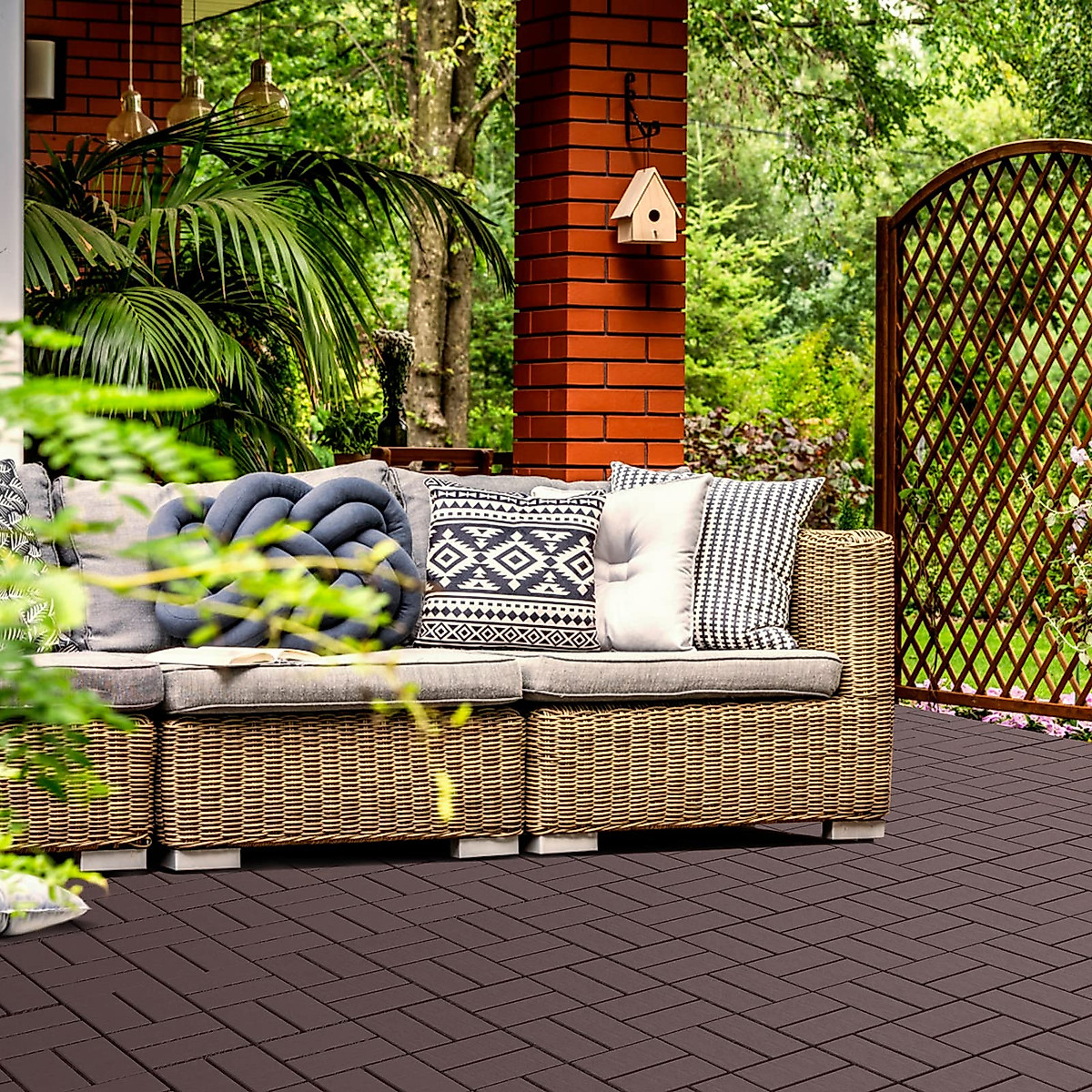 Goovilla Plastic Interlocking Deck Tiles, 27 Pack Outdoor Patio Flooring, 12"x12" Interlocking Decking Tile Outdoor All Weather Use, Waterproof Patio Pavers for Pool Balcony Backyard Porch, Dark Brown