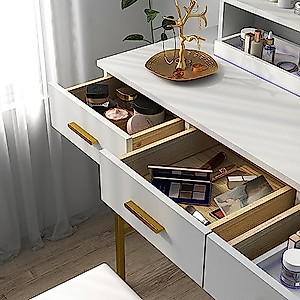 Vanity Table with Lighted Mirror, 3 Drawers Makeup Desk Dressing Table with Lots Storage Vanity Set with Wider Cushioned Stool for Bedroom (White)