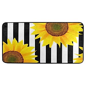 susiyo Kitchen Mat Sunflowers on Black and White Striped Kitchen Rug Mat Anti-Fatigue Comfort Floor Mat Non Slip Oil Stain Resistant Easy to Clean Kitchen Rug Bath Rug Carpet for Indoor Outdoor Door