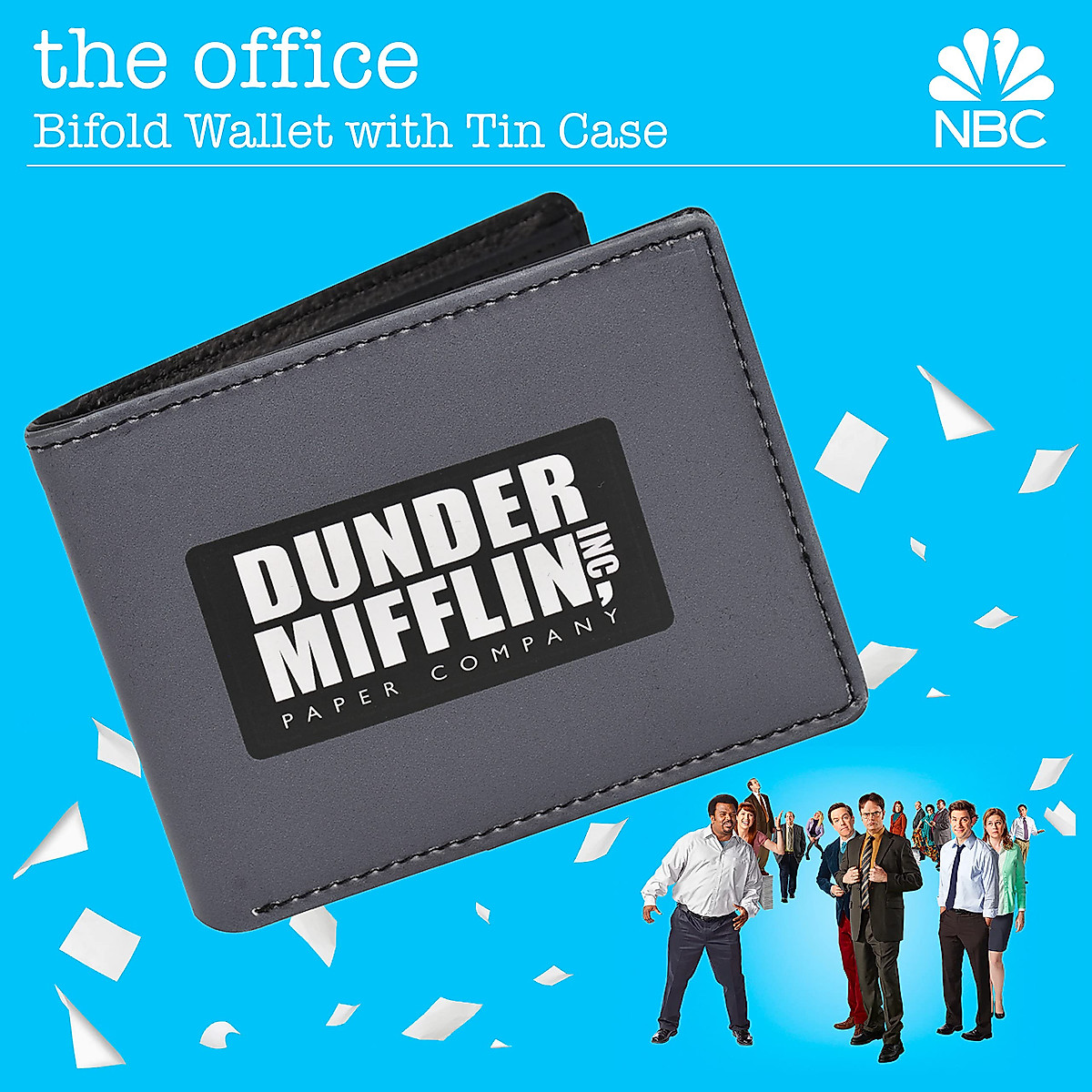 Concept One The Office Wallet, Dunder Mifflin Slim Bifold Wallet with Decorative Tin Case for Men and Women, Grey
