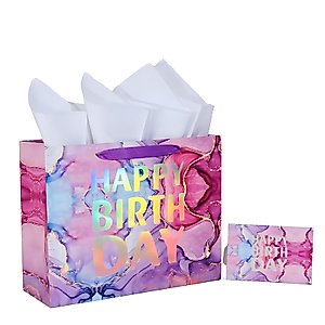 PARNOG 13" Large Happy Birthday Gift Bag with Tissue Paper and Card for Girls Kids Women Birthday