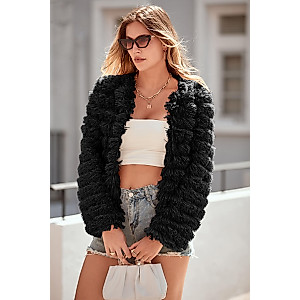 PRETTYGARDEN Womens 2024 Winter Coats Fashion Faux Fur Long Sleeve Fleece Shaggy Lightweight Fall Cropped Jacket Outerwear (Black,Medium)