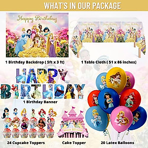 Nelton Party Supplies For Princess Includes Cake Topper, 24 Cupcake Toppers, 20 Latex Balloons, Happy Birthday Backdrop, 1 Table Cloth , 1 Banner