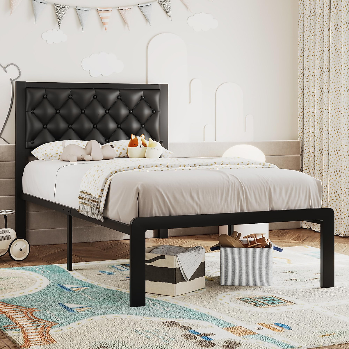 Foredawn Twin Bed Frame with Faux Leather Upholstered Headboard, Metal Support, No Box Spring Needed, Noise Free, Under Bed Storage, Easy Assembly, Black